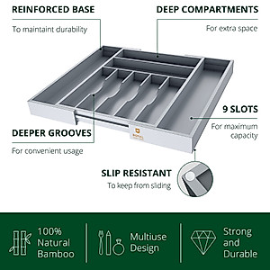 Luxury Bamboo Kitchen Drawer Organizer - Silverware Organizer - Utensil Holder and Cutlery Tray with Grooved Drawer Dividers for Flatware and Kitchen Utensils (9 Slot, Gray)