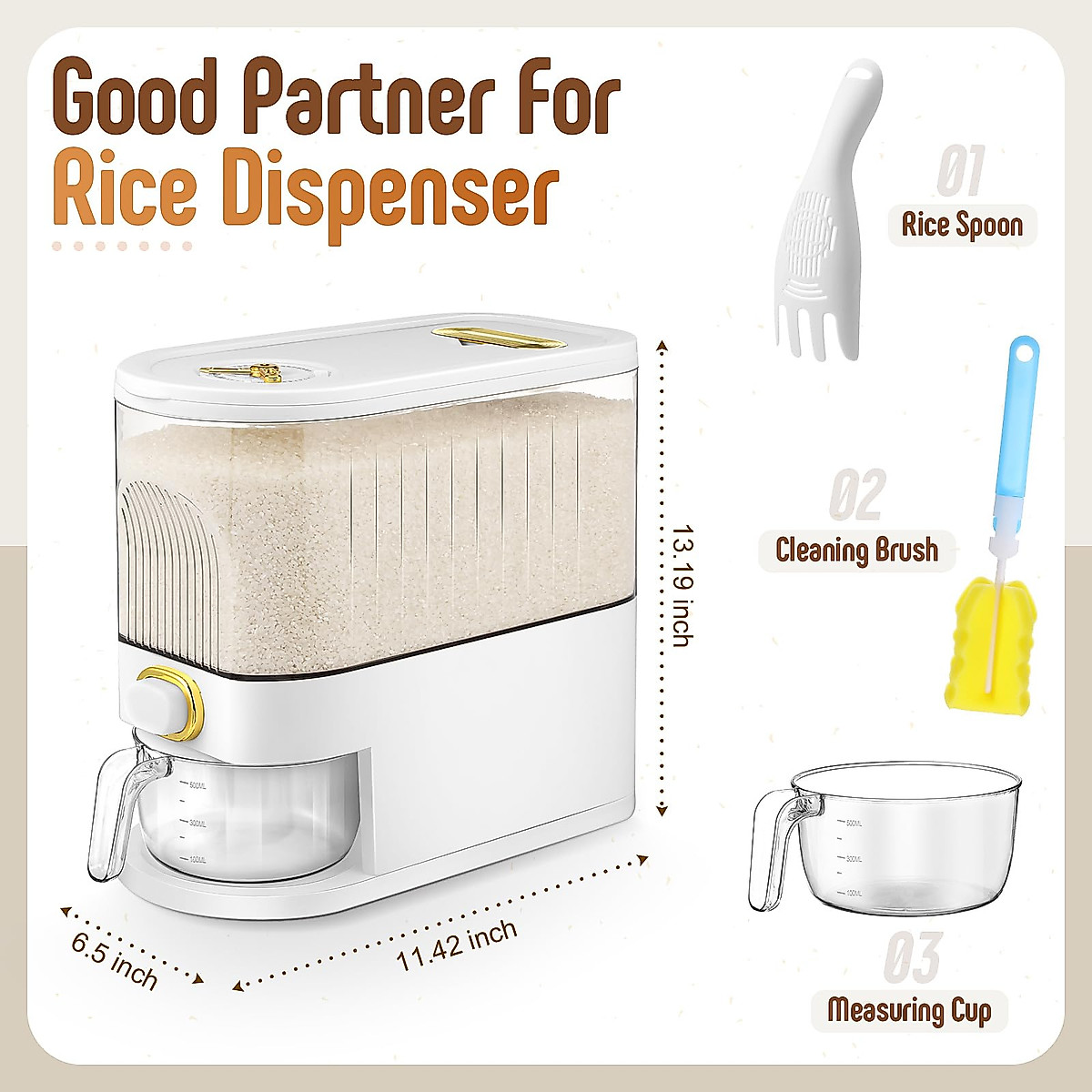 Singhoow 2 Pcs 11lbs Rice Storage Container Large Rice Dispenser with Time Scale Cereal Dry Food Dispenser Rice Holder with Rice Washing Spoon and Cleaning Brush for Kitchen, Clear and Ivory White