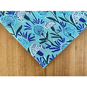 Craftbot Hand Block Print Fabric by The Yard - PRECUT 1 Yard 42 Inch Width - 100% Cotton Material - Aqua and Blue Floral Pattern - Light Weight Indian Cloth for Making Summer Dress Tops Project etc
