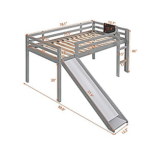 LostCat Twin Loft Bed with Slide, Wood Twin Bed Frame for Kids with Slide, Low Loft Bed with Stairs and Chalkboard, Space-Saving Wooden Child Bed Frame for Boys or Girls, Grey