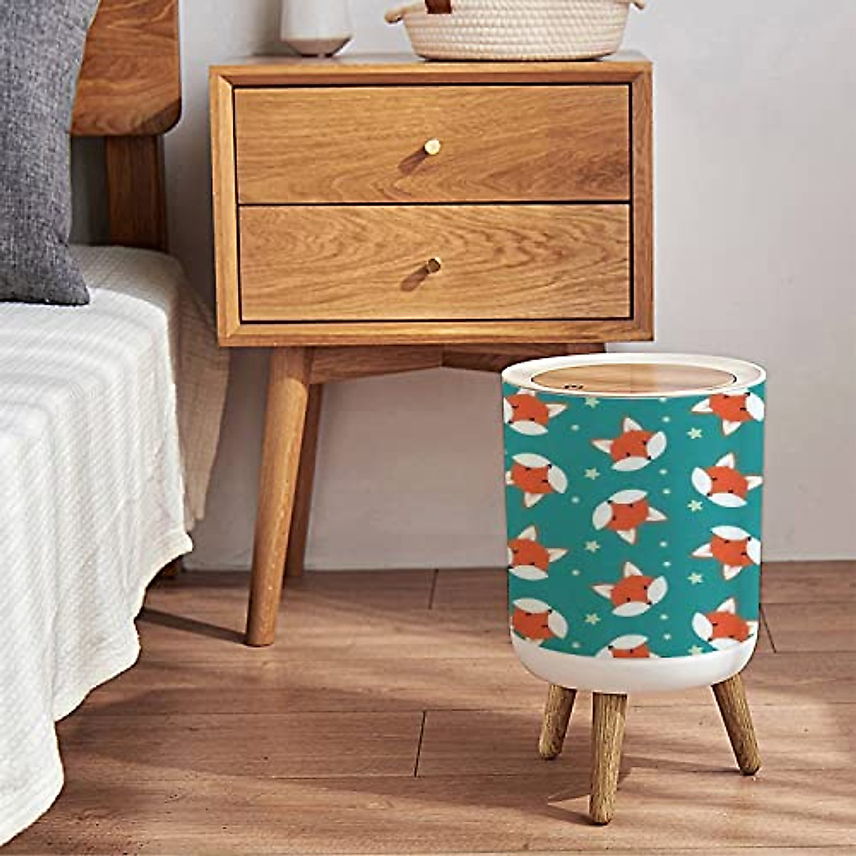 Small Trash Can with Lid Cute Cartoon Foxes Seamless with Foxes Faces Round Recycle Bin Press Top Dog Proof Wastebasket for Kitchen Bathroom Bedroom Office 7L/1.8 Gallon