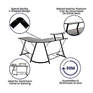 Flash Furniture Ginny Corner Desk - Black/Black Space Saving L-Shaped Gaming Desk with Monitor Shelf - 71.5" 2-Tier Computer Desk, Home Office Desk, Easy Assembly