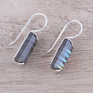 NOVICA Artisan Handmade Labradorite Drop Earrings 12carat from India Sterling Silver [1.1 in L x 0.3 in W x 0.2 in D] ' Beautiful Aurora'