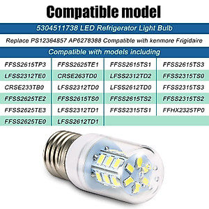 Freeboy 5304511738 LED Refrigerator Light Bulb Replacement for Frigidaire Electrolux Kenmore Refrigerator PS12364857, AP6278388,4584444,KEI D34L Refrigerator Bulbs-E26 3.5W 2 Pack (White Light)