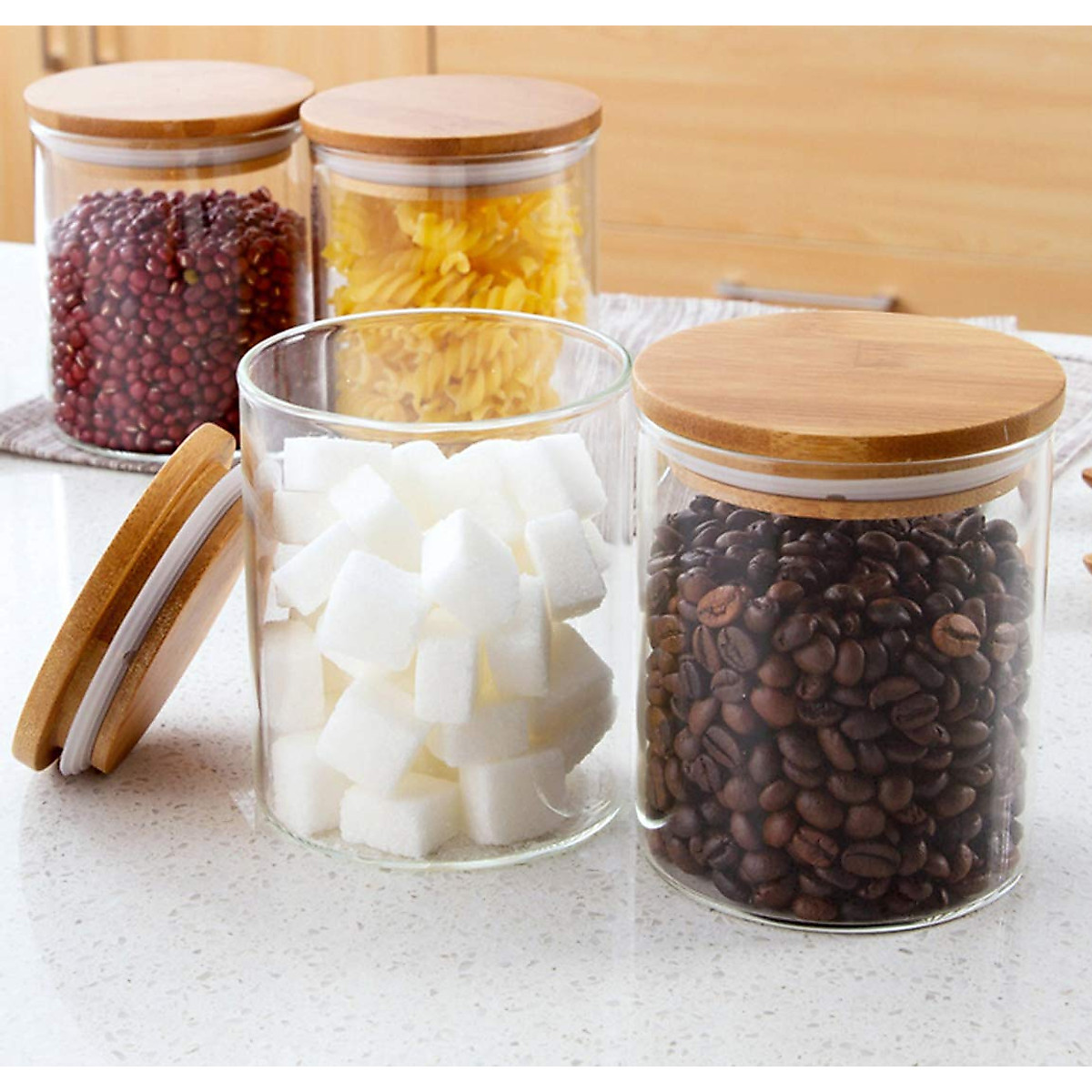 Lawei 4 Pack Glass Storage Jars with Sealed Bamboo Lids - 18.6 FL OZ Clear Glass Bulk Food Storage Canister for Serving Tea, Coffee, Spice, Candy, Cookie