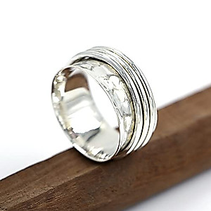 Three Tone Spinner Ring 925 Sterling Silver Rings For Women Hammered Textured Silver Spinner Rings Silver Wide Band Ring 925 Silver Ring Spinner Meditation Ring Thumb Ring Anxiety Ring Worry Ring Fidget Ring Silver Wedding Band Ring Silver Jewelry Gift Fo