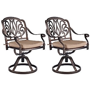 JOVNO Outdoor Furniture 2-Piece Cast Aluminum Bistro Swivel Arm Chair Set, Patio Dining Set-Bronze (Khaki)