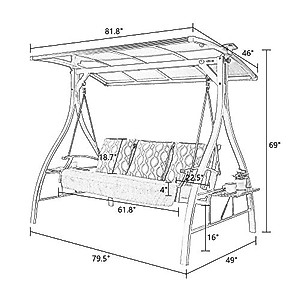 Iwicker 3-Seat Patio Swing Porch Glider Hammock Hang Bench Chair with Adjustable Canopy, Folding Tray, Cushions and Sunbrella Pillows Included for Garden, Poolside, Balcony