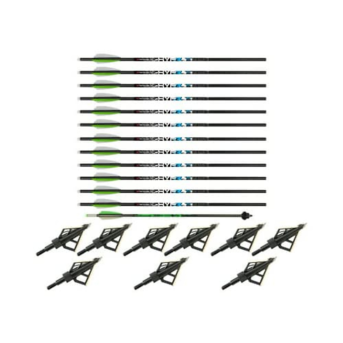 Killer Instinct Crossbows Hypr Lite 20 inch Crossbow Bolts (12-Pack) with Decocking Bolt and Fixed-Blade Steel Tip 100-Grain Hunting Broadheads (9-Pack) (6 Items)