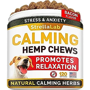 STRELLALAB Hemp Calming Chews for Dogs Anxiety Relief - Made in USA w/Hemp Oil - Dog Training & Behavior Aid - Natural Stress Relief During Firework, Storm, Separation, Barking - 120 Treats