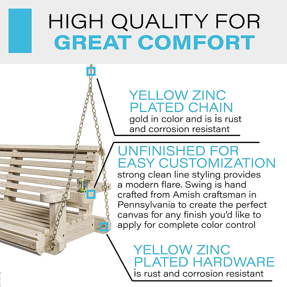 Porchgate Amish Heavy Duty 800 Lb Roll Comfort Treated Porch Swing W/Chains (5 Foot, Unfinished)