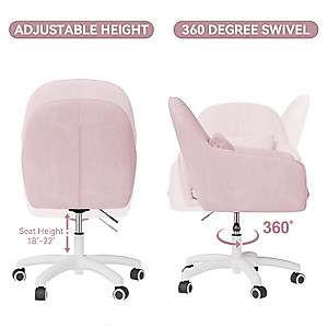 Nalupatio Home Office Chair,Swivel Height Adjustable Upholstered Velvet Computer Task Chair, Vanity Makeup Chair with Wheel&Pillow,Mid-Back Modern Accent Chair for Bedroom Reading Room,Light Pink