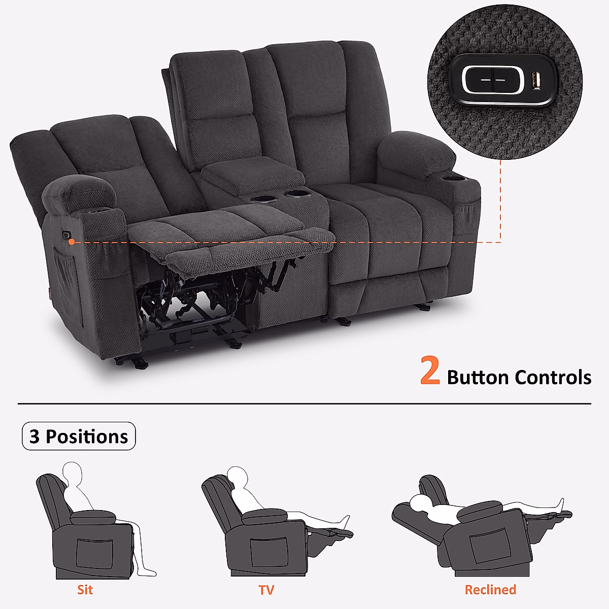 MCombo Fabric Power Loveseat Recliner with Console, Electric Reclining Loveseat Sofa with Heat and Massage, Cup Holders, USB Charge Port for Living Room 6045 (Grey)