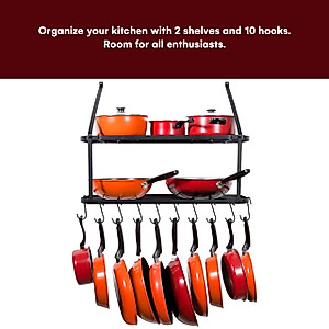 Vdomus Hanging Pot and Pan Organizer - Rustproof Wall Mounted Pot Rack for Kitchen Storage - Durable, Thick Iron Material - 2-Tier Pot Shelf with 10 Hooks for Utensils - Wall Mounted Black Pot Rack