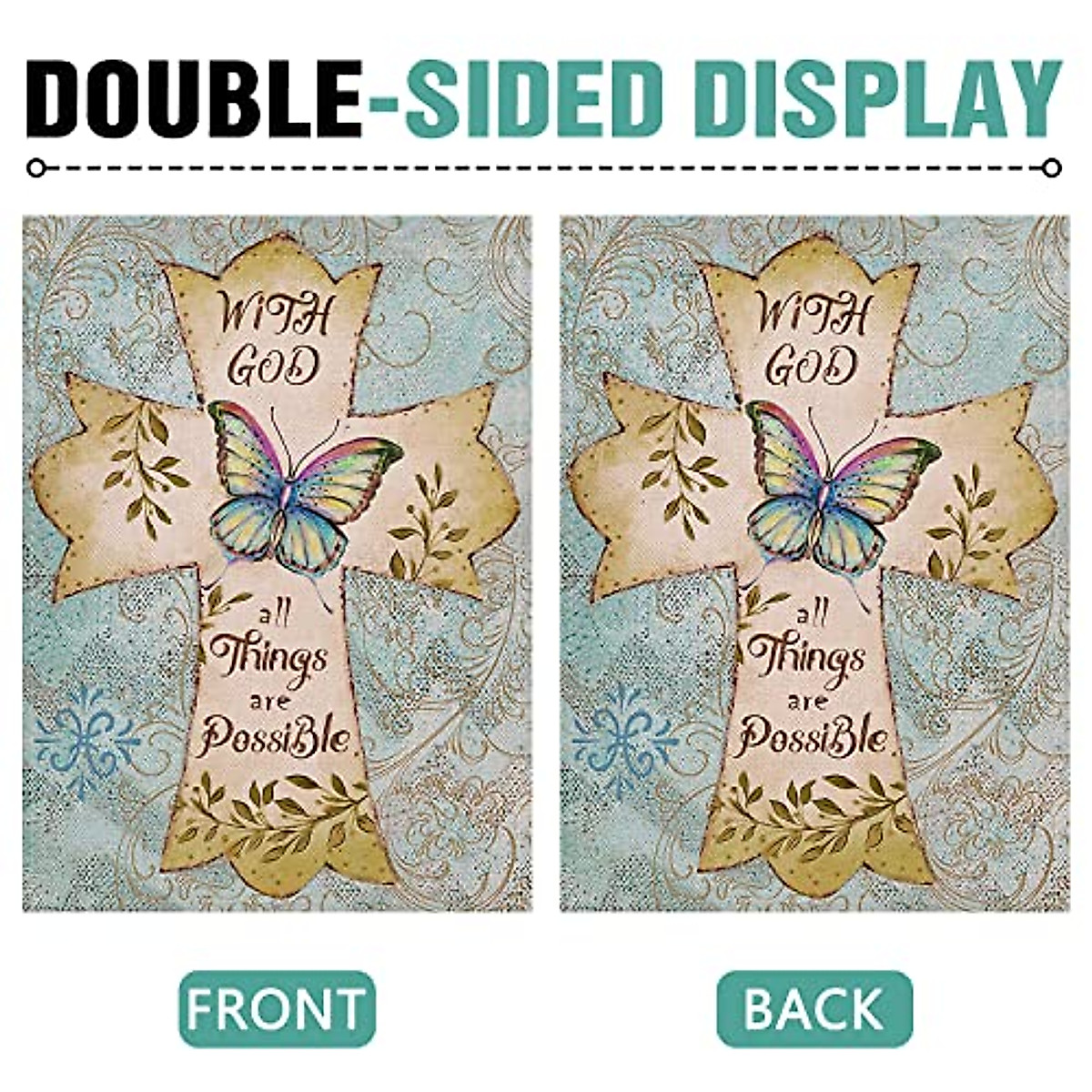 Dyrenson Decorative 28 x 40 Religious House Flag Cross Double Sided Christian Faith, with God All Things are Possible Burlap Yard Decoration, Butterfly Outdoor Décor Large Flag Spring Summer Easter
