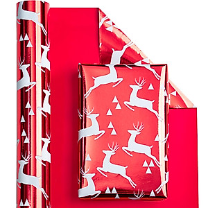 WRAPAHOLIC Reversible Christmas Wrapping Paper - Mini Roll - 17 Inch X 33 Feet - Red Reindeer and Solid Red Design with Metallic Foil Shine for Chrsitmas, Holiday, Party Celebration