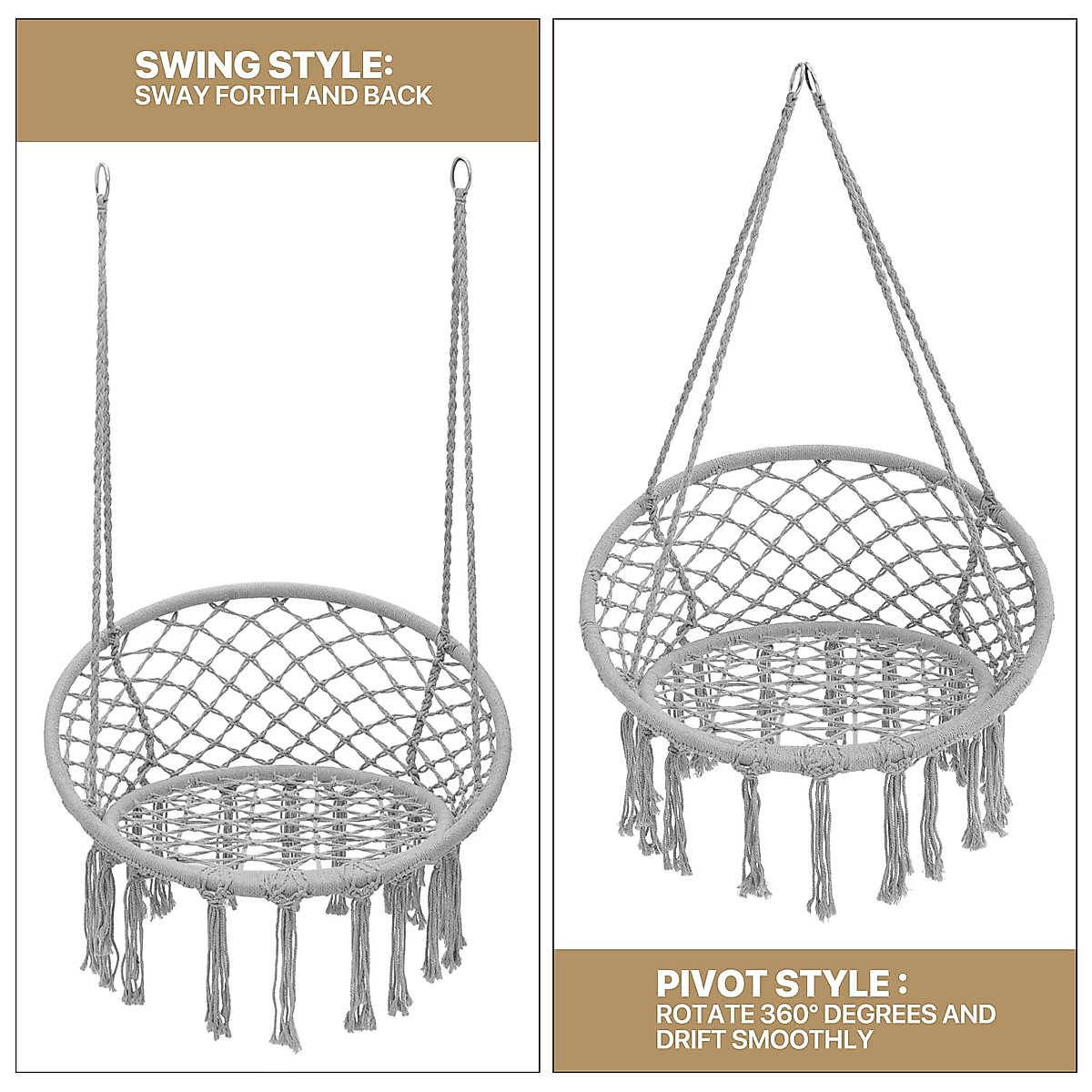 Monibloom Hanging Hammock Chair with Full Cushion, Adults Indoor Hammock Swing with Max 350 Lbs Capacity, Outdoor Macrame Hanging Chair with Boho Tassels, Home Accent Furniture Chair Swing, Grey