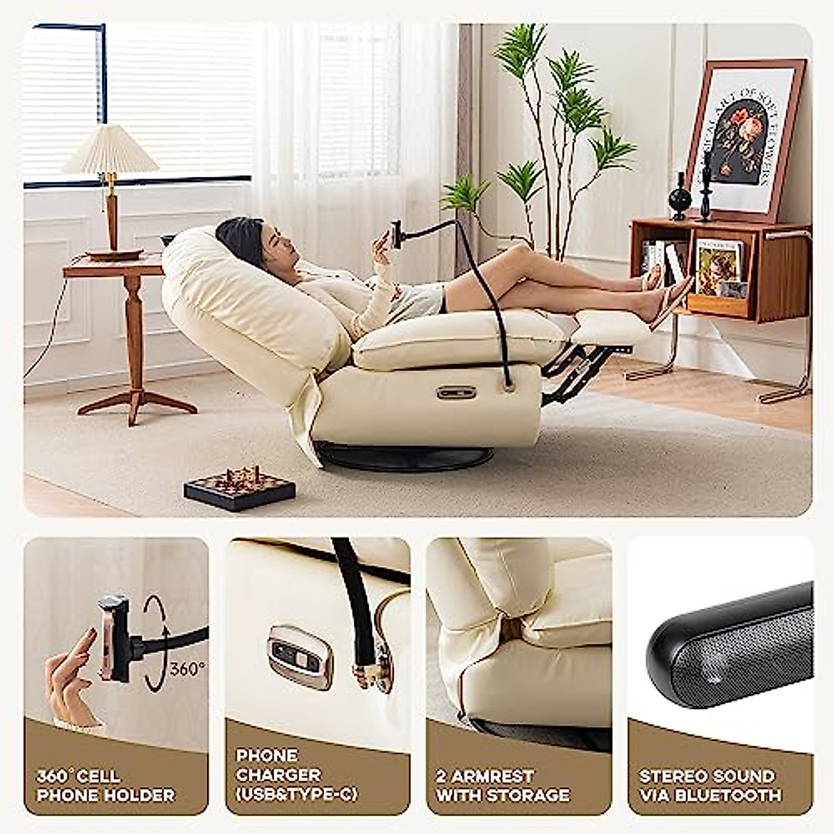 Electric Power Recliner Chair 360° Swivel Upholstered High-Density Sponge Sofa Glider Comfy Rocking Chair with USB Ports, Phone Holder, Leather Home Theater Seating with Hidden Arm Storage (White)
