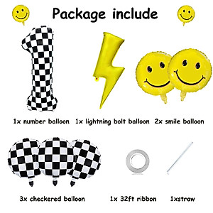 One Happy Dude Balloon Set 40" Black One Smile Face Checkered Balloons Yellow Lightning Balloon for One Happy Dude Birthday Decorations Smiley Face Party Decorations