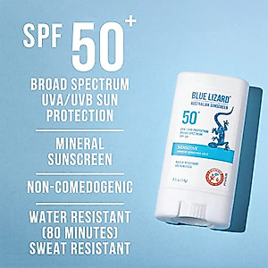 BLUE LIZARD Sensitive Mineral Sunscreen Stick with Zinc Oxide, SPF 50+, Water Resistant, UVA UVB Protection Easy to Apply, Fragrance Free, 0.5 Oz