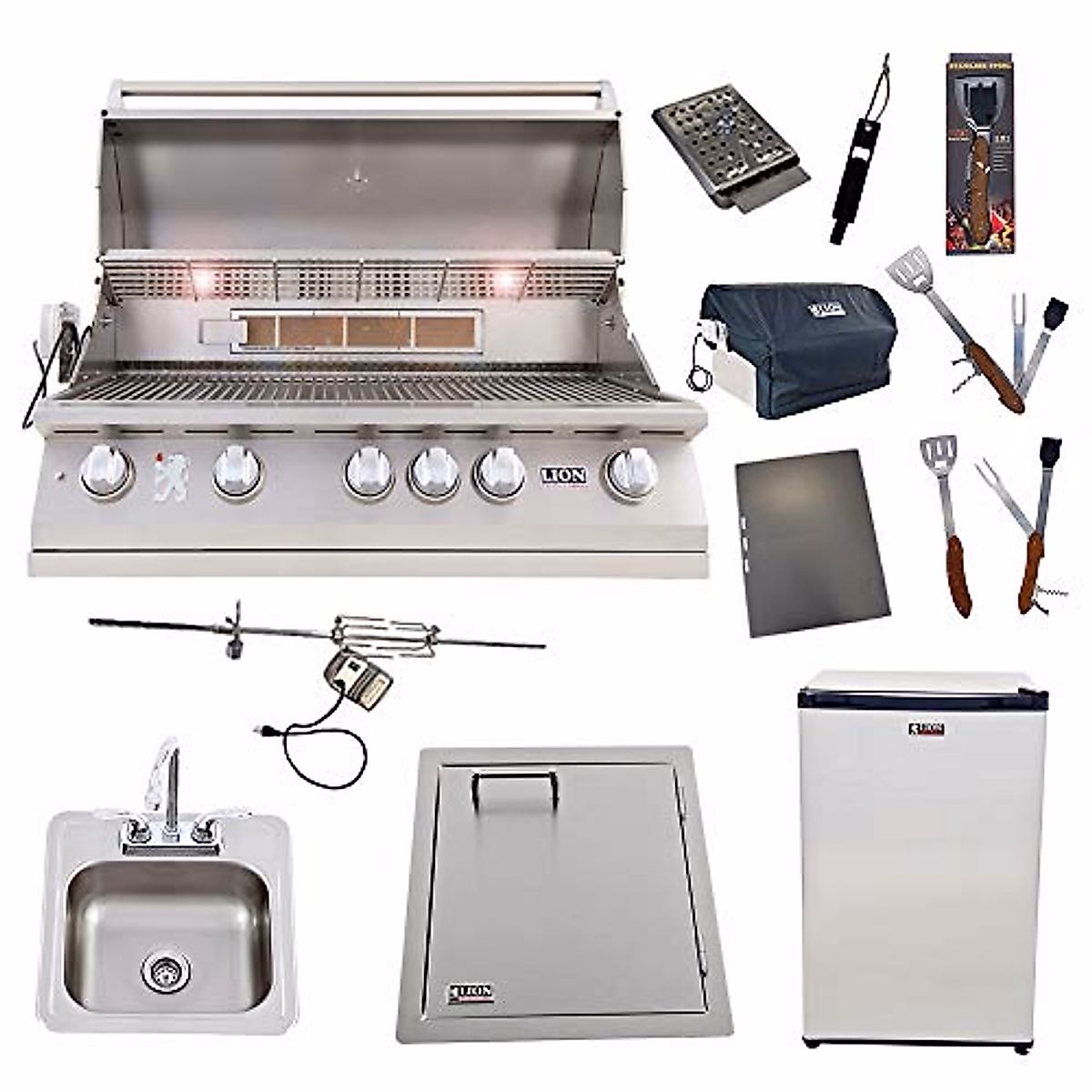 Lion 40-Inch Liquid Propane Grill L90000 with Refrigerator and Vertical Door with Towel Rack and Drop-In Sink and 5 in 1 BBQ Tool Set Best of Backyard Package Deal