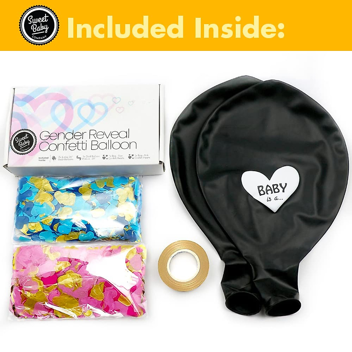 Sweet Baby Co. Jumbo 36 Inch Baby Gender Reveal Balloon | Big Black Balloons with Pink and Blue Heart Shape Confetti Packs for Boy or Girl | Baby Shower Gender Reveal Party Supplies Decoration Kit