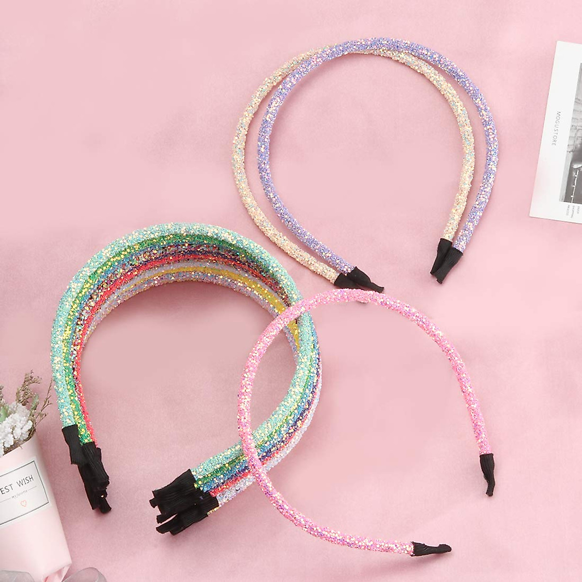 XIMA 14pcs Glitter Headbands for Girls Skinny Sparkle Hairbands Women Hair Loop Hair Accessories