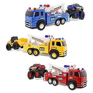 Mozlly Friction Powered Emergency Tow Truck Toys Set of 3 - Assorted Color Towing Trucks with Big Racing Monster Trucks & Bulldozer, Interactive Sound & Light - 3 Pack