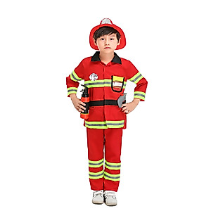 yolsun Fireman Costume for Kids, Boys' and Girls' Firefighter Dress up, Fire Fighter with Toy Accessories Set Halloween Role Play(Red,4-5 Years)