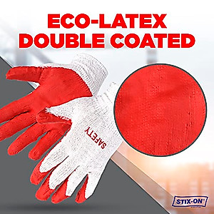 STIX-ON SAFETY Non-Slip 300 Pairs Red Latex Cotton Multi-Purpose Work Gloves- Nitrile Dipped & Rubber Palm Coated for a Firm Grip- Heavy Duty Premium-Construction-Moving-Warehouse-Garden-Gloves