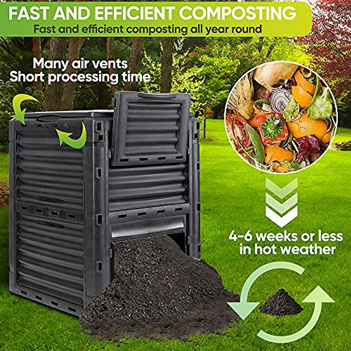 Saicool 80 Gallon (300 L) Garden Composter Bin from BPA Free Material with Large Capacity & Easy Assembling Outdoor Compost Box for Fast Creation of Fertile Soil