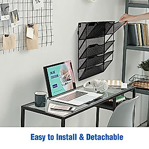 BOHDK Wall File Organizer 5 Pockets, Hanging File Organizer, Foldable Mesh Hanging File Holder with Label Panel | 2 Hooks | Wall Mount & Door Hanging for Office Home