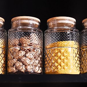 Glass Storage Jars, Kitchen Food Containers with Bamboo Lids, Airtight Embossed Mason Jar, Decorative Cereal Canisters for Candy Snack Cookies Coffee Tea Nuts Bean Countertop(Set of 3,20/40/60)