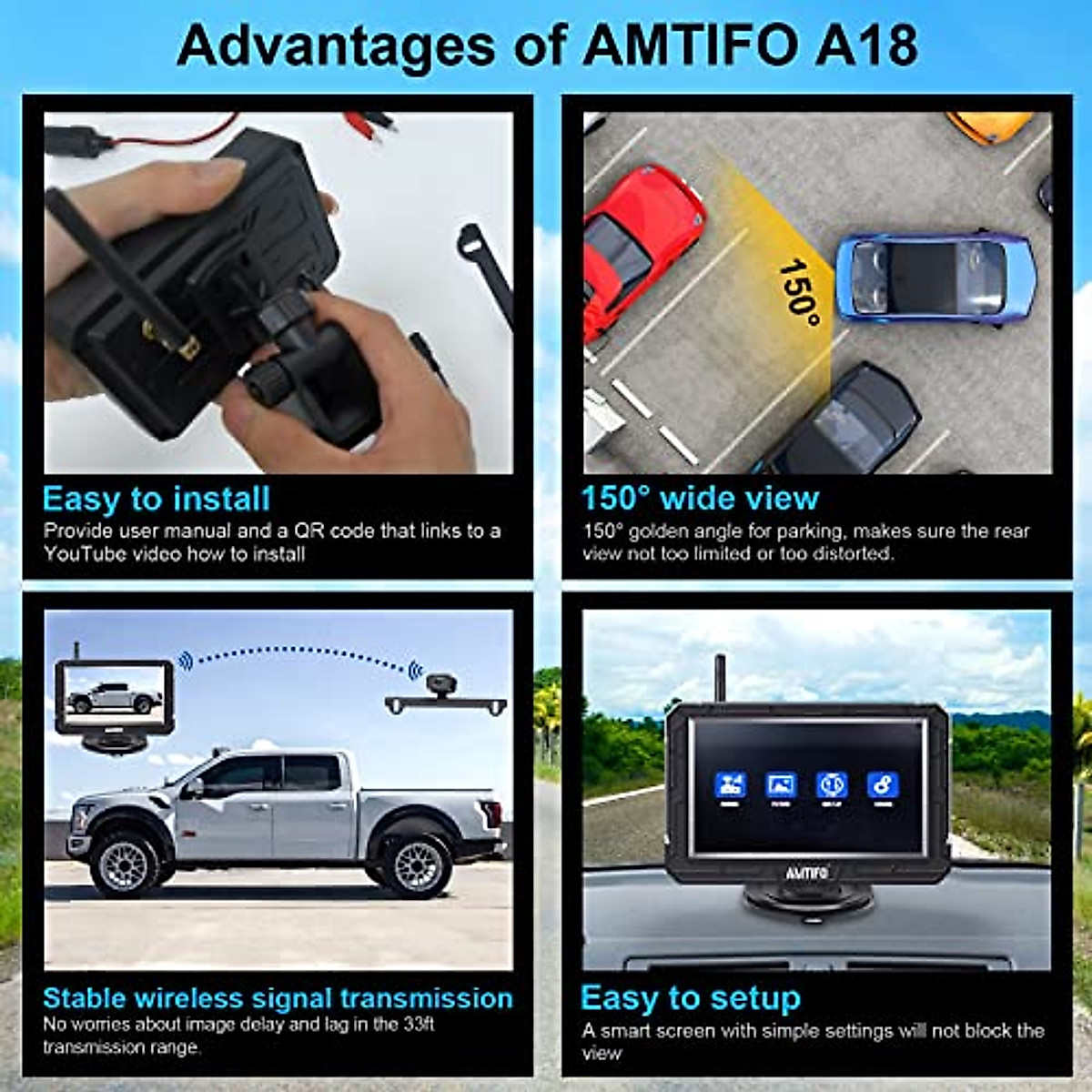 AMTIFO Wireless Backup Camera HD 1080P Car Truck Bluetooth Rear View 4.3 Inch Monitor System License Plate Back Cam Super Night Vision Digital Stable Signal A18
