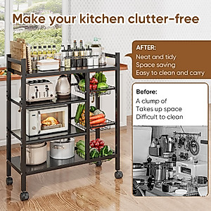 VZONE Storage Shelves, Adjustable 4-Tier Kitchen Organizers and Storage with 4 Wire Baskets, Metal Shelf Rack with Wheels for Kitchen, Pantry, Bathroom, Garage – Ideal for Kitchen Shelves