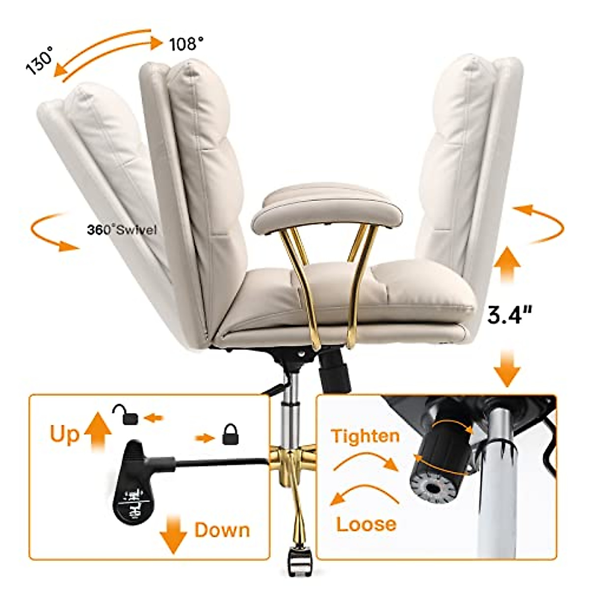 EMIAH Office Desk Chair Ergonomic Computer Chair Mid-Back PU-Padded Executive Adjustable Rolling Swivel Task Chair, Home Office Desk Chairs with Upholstered Armrest & Thickened Cushion