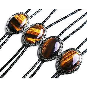 Moranse Bolo Tie with Natural Tiger Eye Stone Celtic Style Genuine and Cowhide Rope(Tiger Eyes 1 Style)