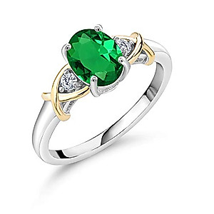 Gem Stone King 10K Yellow Gold and 925 Sterling Silver Green Nano Emerald and Lab Grown Diamond Engagement Ring For Women | 0.83 Cttw | Oval 8X6MM | Size 5-9