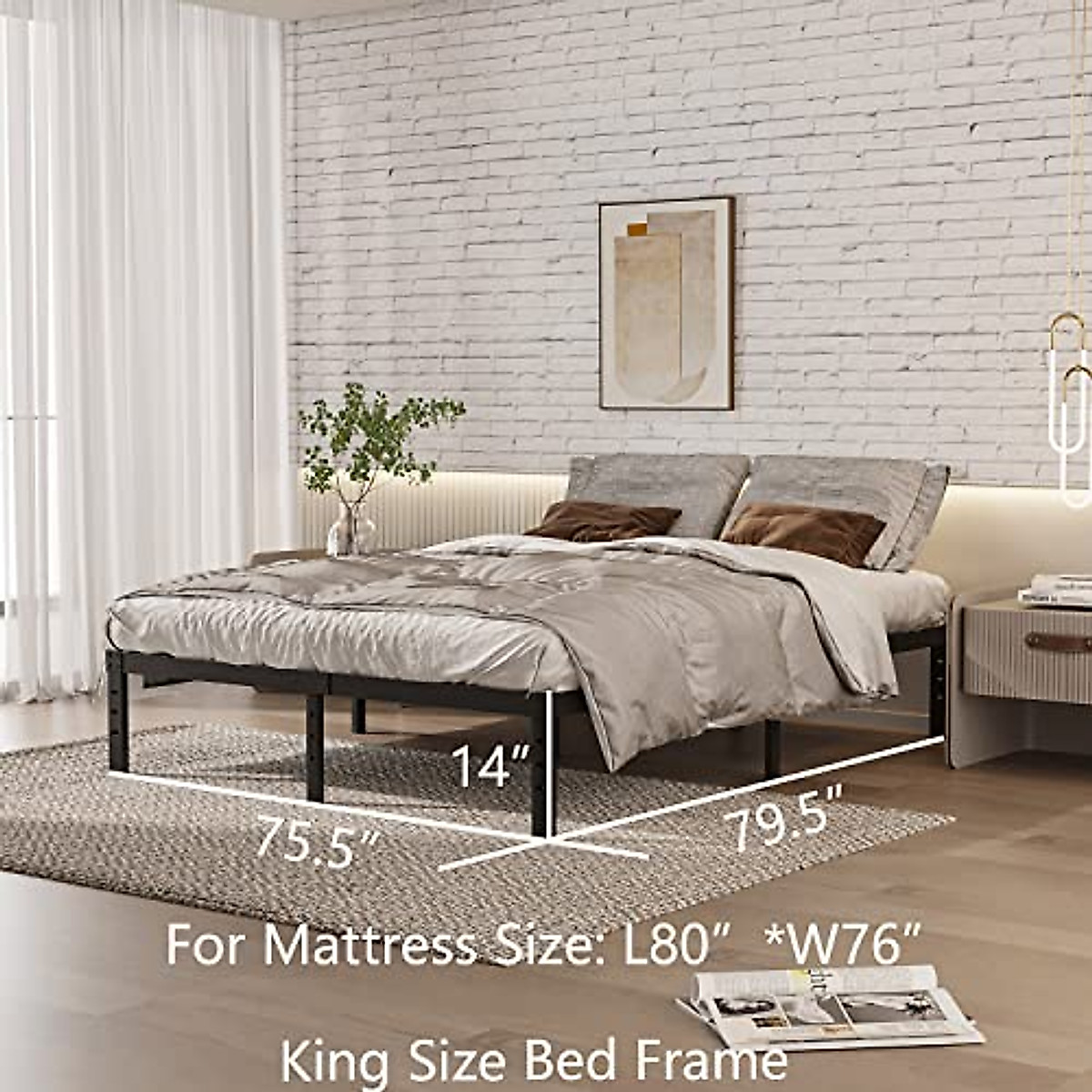 Oliway King Size Bed Frame, Heavy Duty 3500lbs Steel Slat Support, Easy Assembly, Noise Free, No Box Spring Needed, Mattress Foundation, Underbed Storage Space, 14 Inches Tall, Black