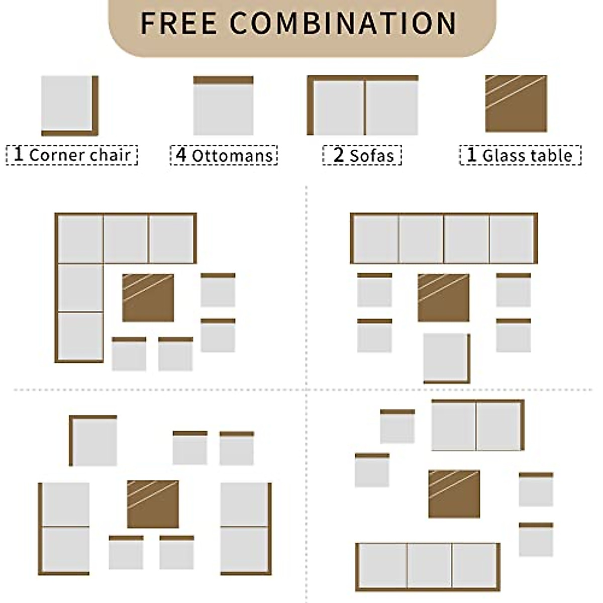 DHHU Patio Furniture, 8 Piece Weather Brown Wicker Sectional Sofa, Outdoor Conversation Set, Dining Table Chair with Ottoman, Cushions, Beige