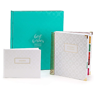 Wedding Planner Gift Set for The Bride to Be: 9x11 Hardcover Wedding Planner and Organizer, Gift Box, Guest Book, Clip-in Bookmark, Planning Stickers, Business Card Holder, and Pocket Folders (Gold)