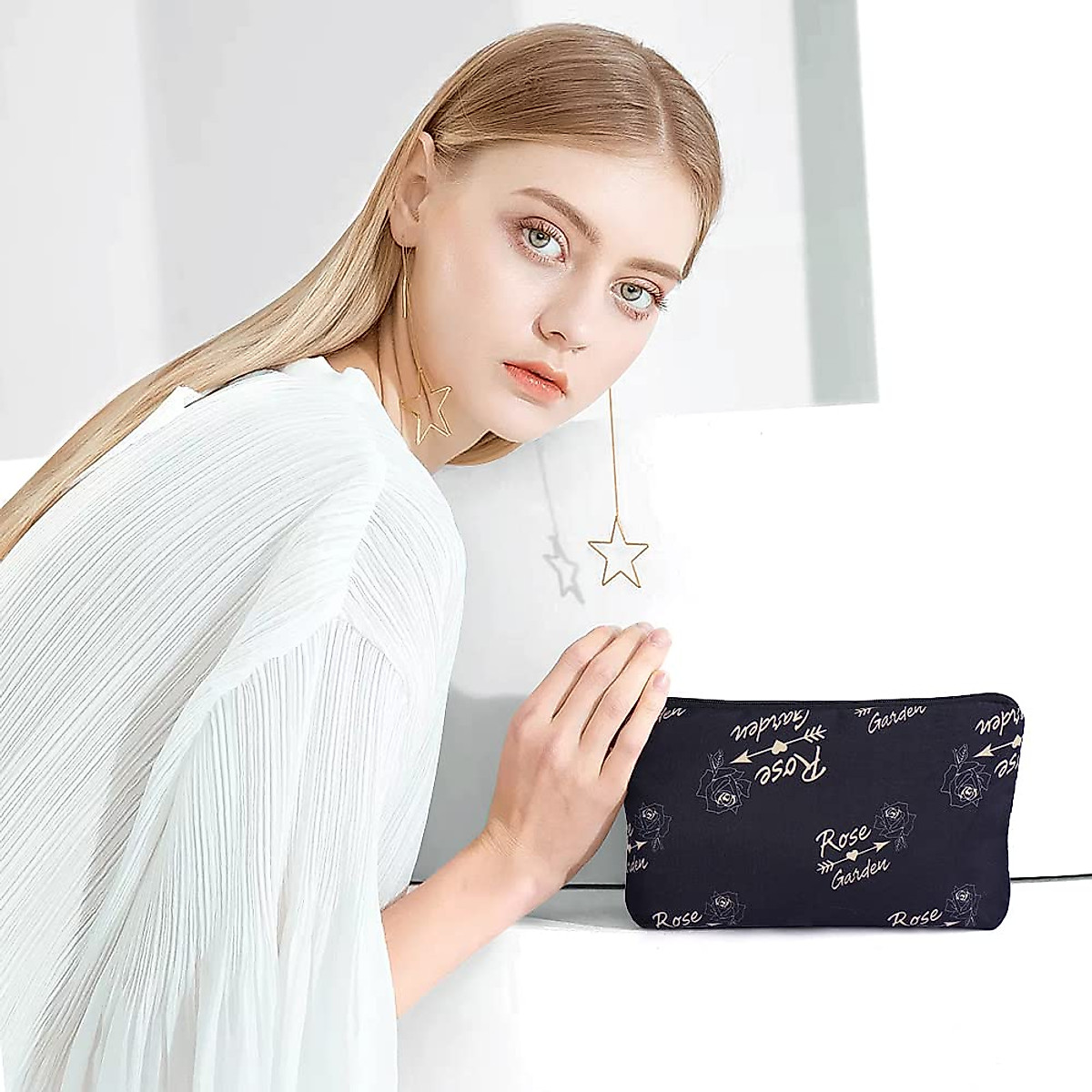 MAGEFY Small Makeup Bag, Cosmetic Bag for Women Cute Makeup Pouch for Purse Small Make Up Bag Travel Accessories for Teen Girls Pencil Pouch (Rose & leaves, 3 packs)