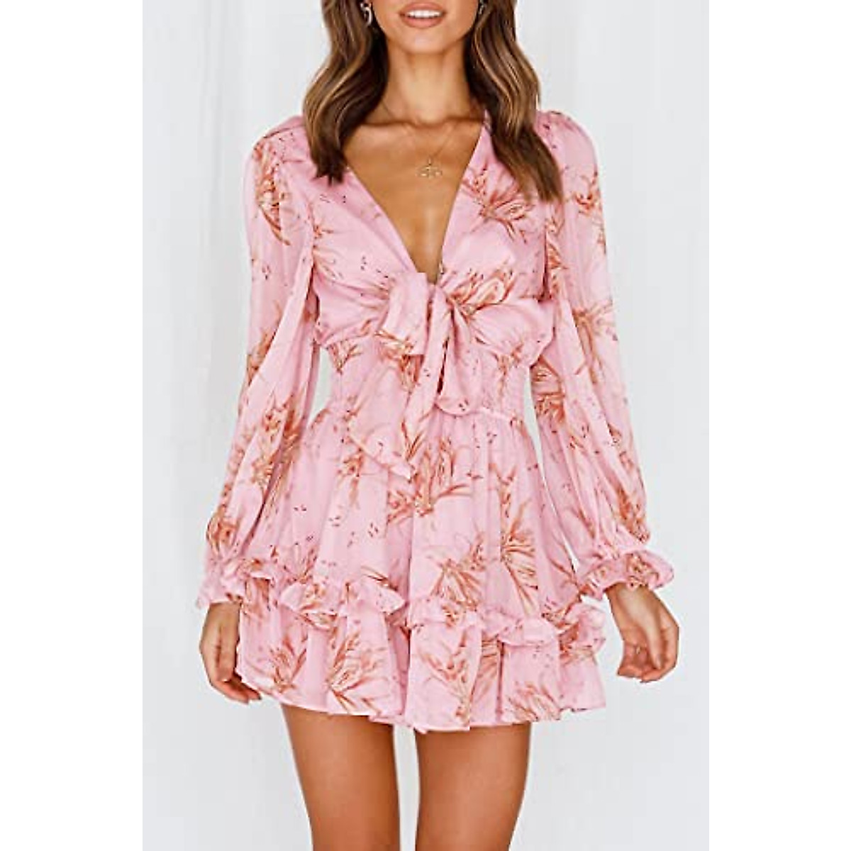 PRETTYGARDEN Women's Short A-Line Flare Dress Knot Front Long Sleeve V Neck Tiered Ruffle Swing Mini Skater Dresses (Pink Floral,Small)