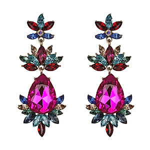 BriLove Art Deco Vintage Inspired Rhinestone Marquise Teardrop Flower Statement Dangle Earrings for Women Multicolor Antique-Gold-Tone