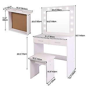 AKVOMBI White Vanity Desk with Lights, 31inch Makeup Vanity with Mirror and 2 Drawers, Vanity Table Set with Cushioned Stool for Bedroom (12 LED Lights)