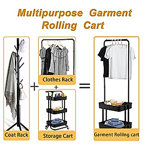 Clothing Garment Rack, Metal Clothing Rack with 2 Tier Basket ,Rolling Clothes Organizer with Wheels,Rolling Storage Cart Clothes Organizer Coat Rack Storage Stand for Home Bedroom Laundry(Black)