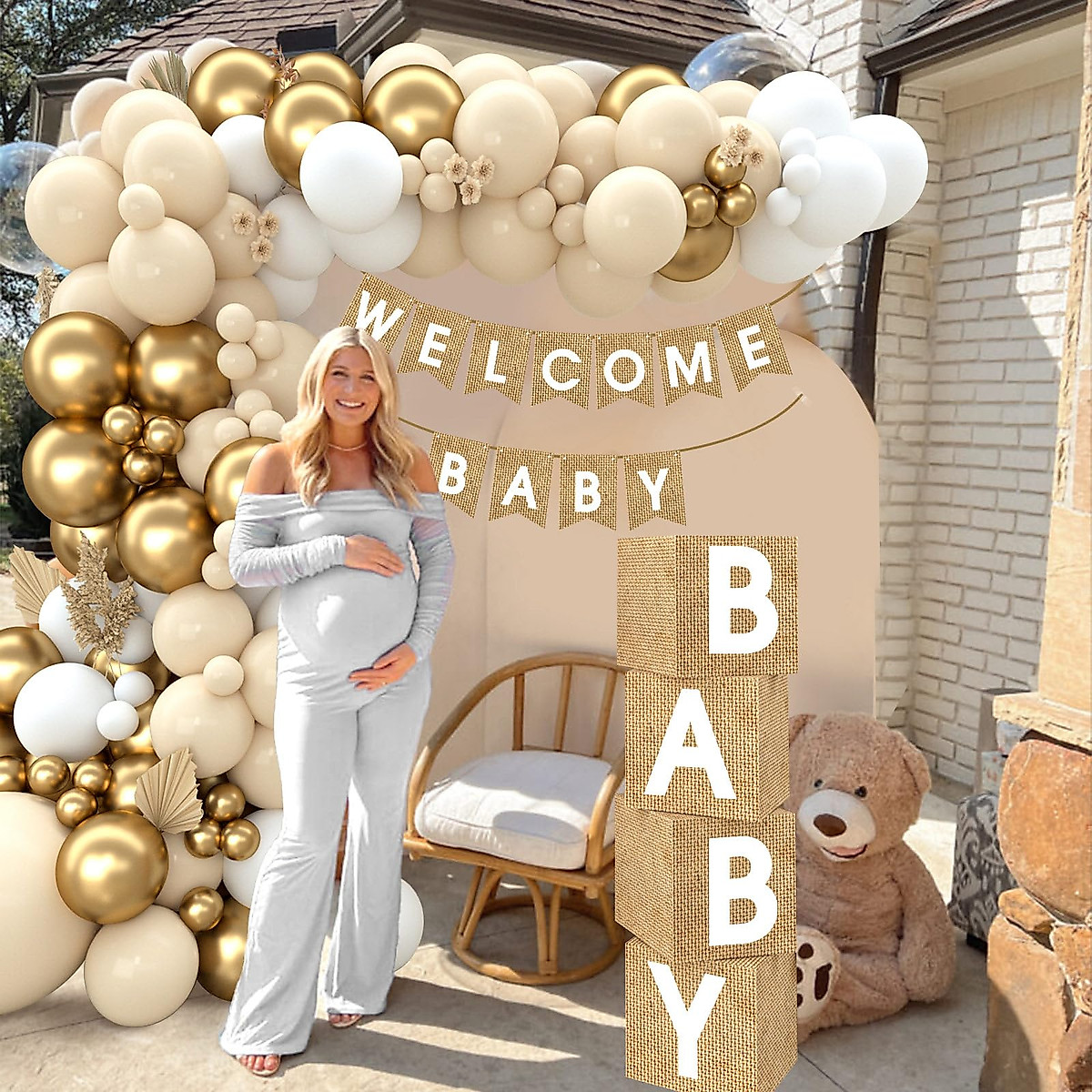 Boho Baby Shower Decorations-97Pcs Burlap Grain Baby Boxes,Nude and Gold Balloons Arch Kit and "WELCOME BABY" Banner for Neutral Baby Shower Decorations,Birthday Party Supplies,Gender Reveal