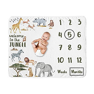 Sweet Jojo Designs Jungle Animals Milestone Blanket Monthly Newborn First Year Growth Mat Baby Shower Memory Hunter Green Yellow Grey Black White Wildlife Safari Elephant Giraffe Lion Monkey Leopard