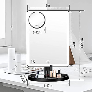 Large Lighted Vanity Makeup Mirror (X-Large Model)- 3 Color Lighting Modes Light Up Mirror with 88 LED, 360° Rotation Touch Screen and 10X Magnification Tabletop Cosmetic Make Up Mirror (Black)