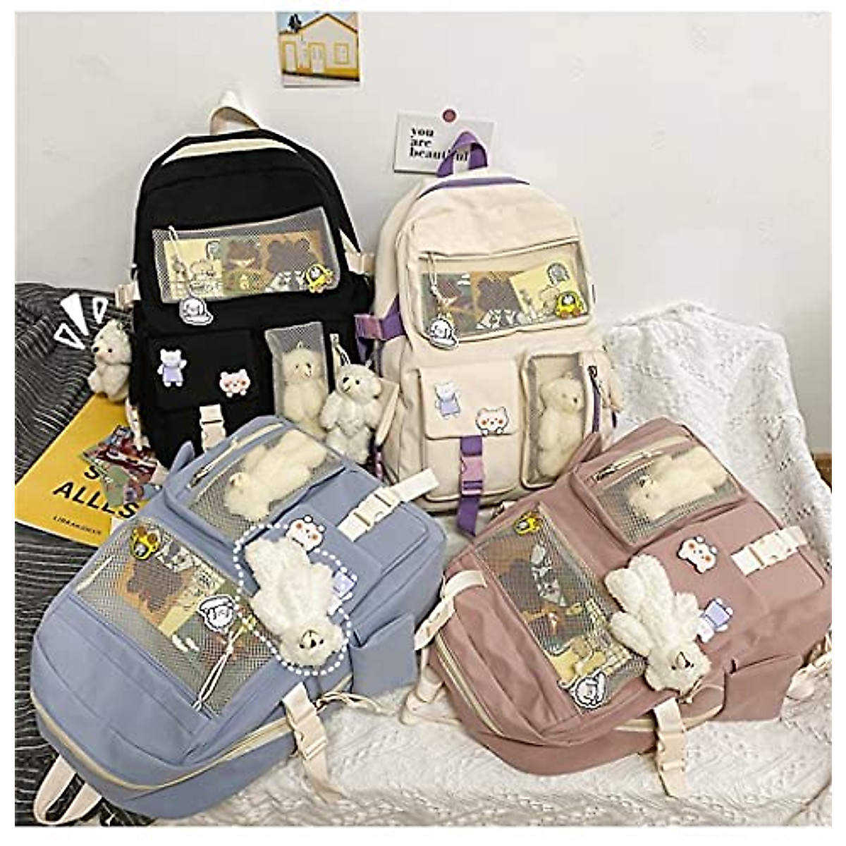 CM C&M WODRO Kawaii Backpack for Girls Women with Pin Bear Accessories Cute College High School Backpack Laptop Bookbag Black+White